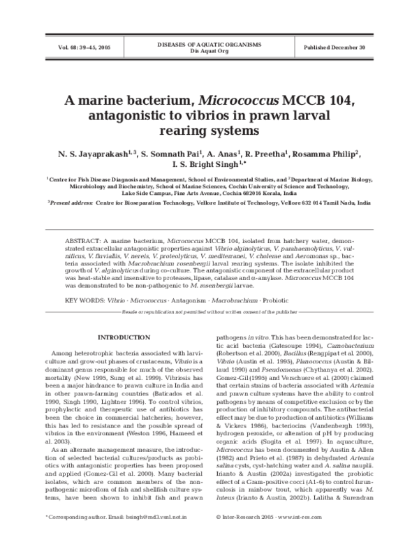 (PDF) A marine bacterium, Micrococcus MCCB 104, antagonistic to vibrios ...