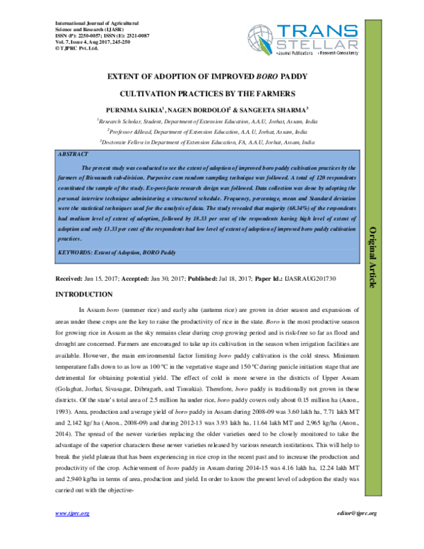(PDF) EXTENT OF ADOPTION OF IMPROVED BORO PADDY CULTIVATION PRACTICES BY THE FARMERS