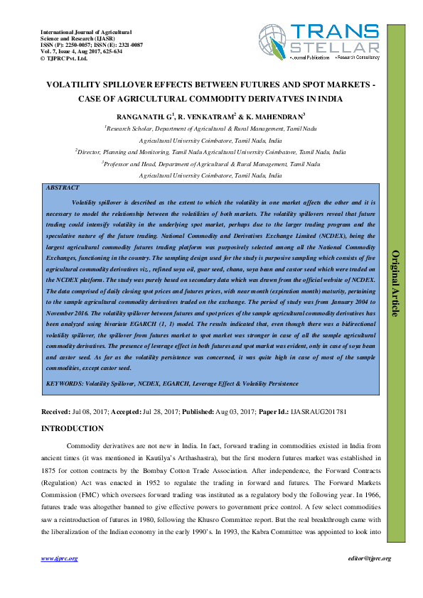 (PDF) VOLATILITY SPILLOVER EFFECTS BETWEEN FUTURES AND SPOT MARKETS ... (PDF) VOLATILITY SPILLOVER EFFECTS BETWEEN FUTURES AND SPOT MARKETS ...