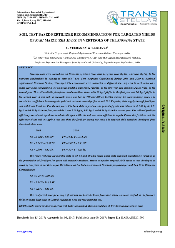(PDF) SOIL TEST BASED FERTILIZER RECOMMENDATIONS FOR TARGATED YIELDS OF ...