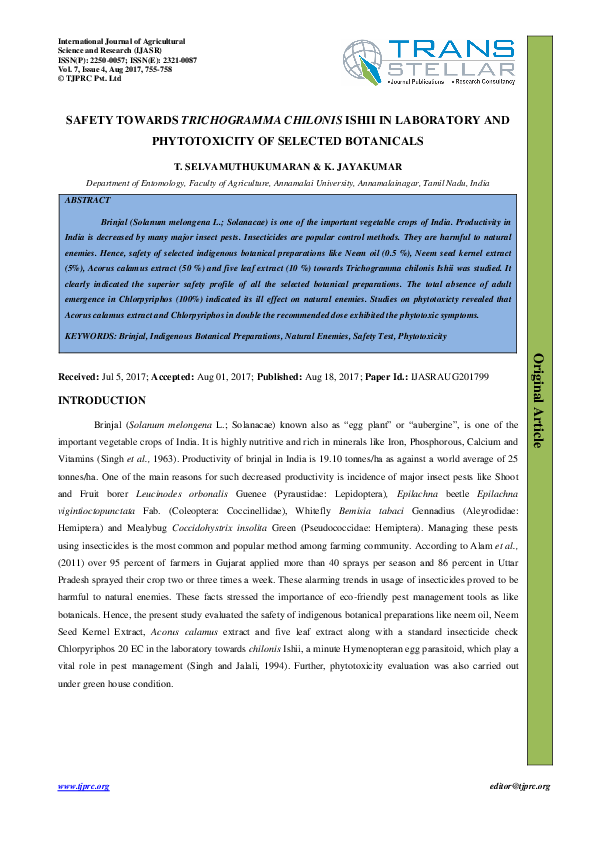 (PDF) SAFETY TOWARDS TRICHOGRAMMA CHILONIS ISHII IN LABORATORY AND PHYTOTOXICITY OF SELECTED ...