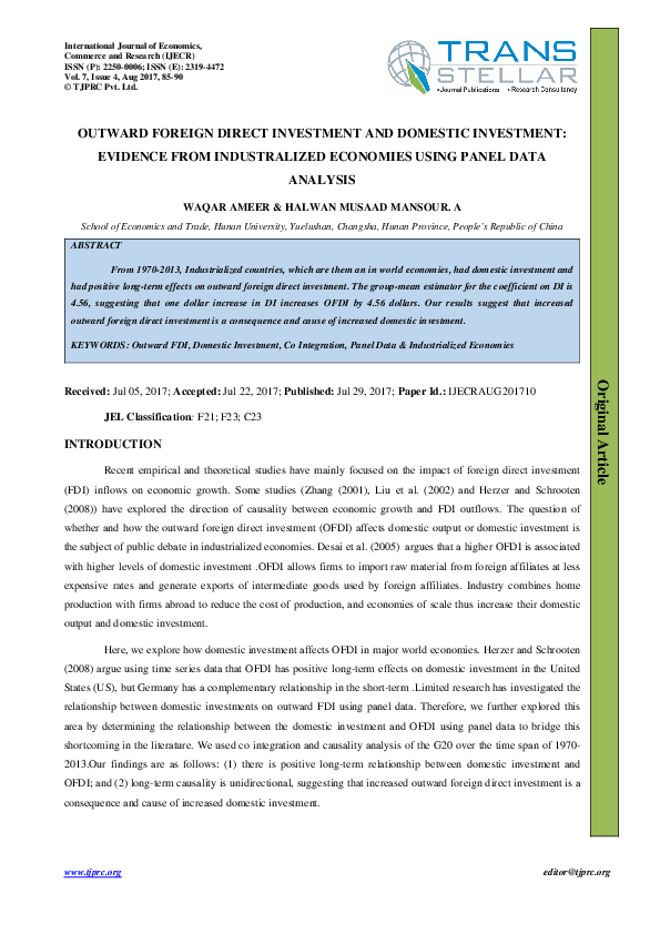 (PDF) OUTWARD FOREIGN DIRECT INVESTMENT AND DOMESTIC INVESTMENT ...