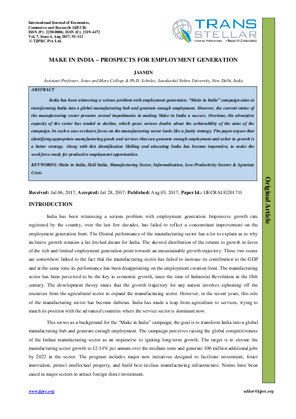 (PDF) MAKE IN INDIA – PROSPECTS FOR EMPLOYMENT GENERATION