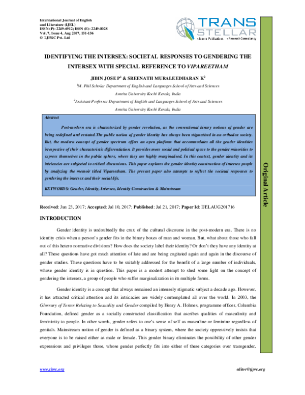 (PDF) IDENTIFYING THE INTERSEX: SOCIETAL RESPONSES TO GENDERING THE ...