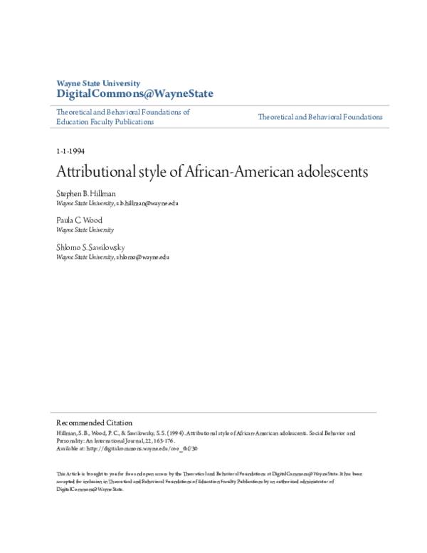 (PDF) Attributional Style of African-American Adolescents