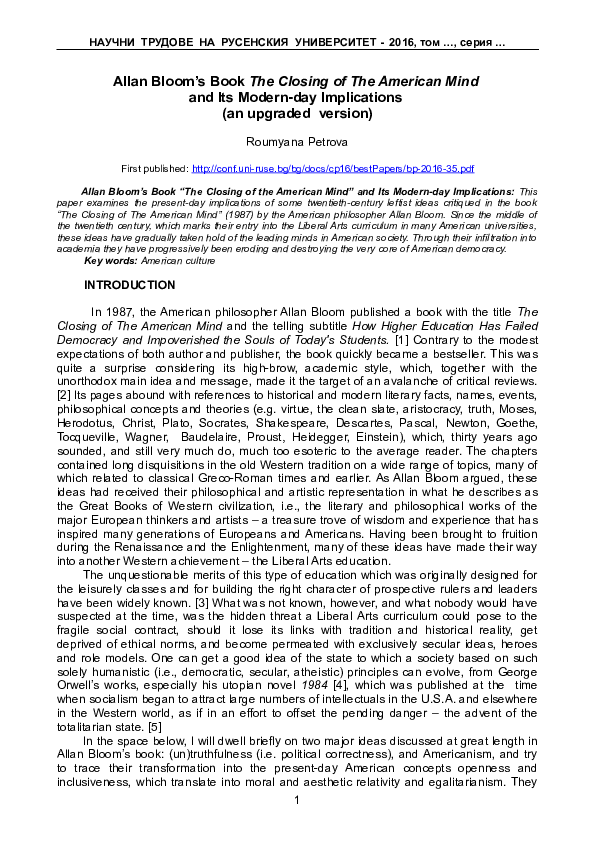 (DOC) Allan Bloom's Book The Closing of The American Mind and Its ...