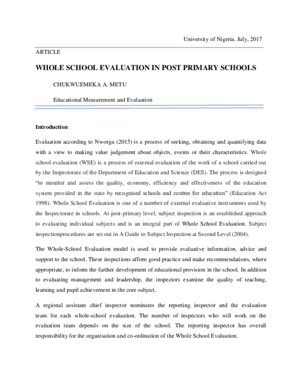 (PDF) WHOLE SCHOOL EVALUATION IN POST PRIMARY SCHOOLS Educational ...