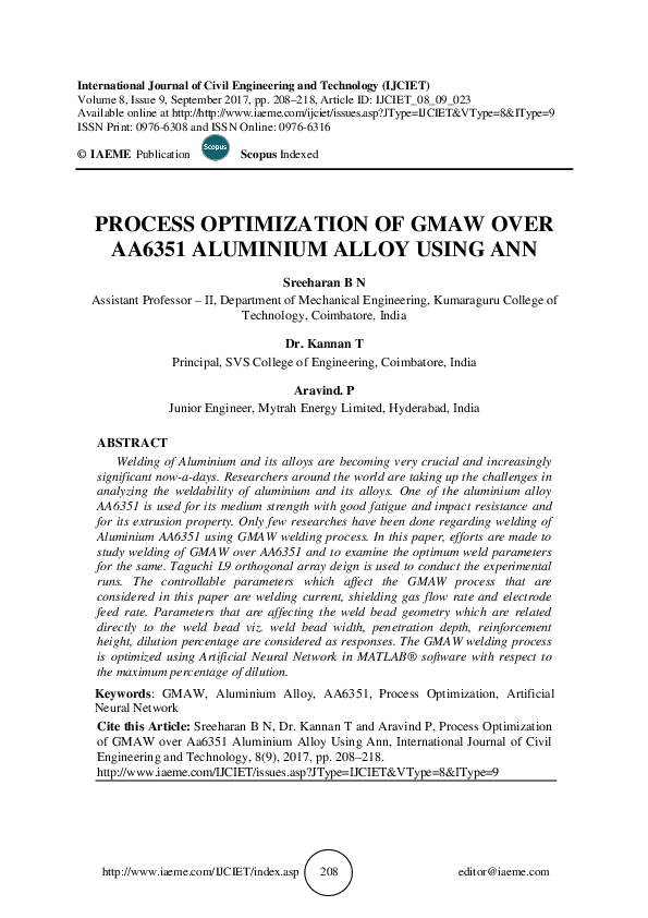 (PDF) PROCESS OPTIMIZATION OF GMAW OVER AA6351 ALUMINIUM ALLOY USING ANN