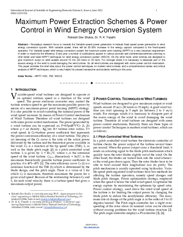 (PDF) Maximum Power Extraction Schemes & Power Control in Wind Energy Conversion System
