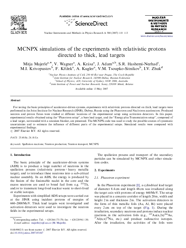 (PDF) MCNPX simulations of the experiments with relativistic protons directed to thick, lead targets