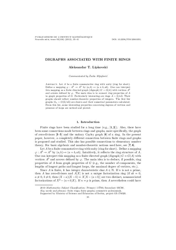 (PDF) Digraphs associated with finite rings