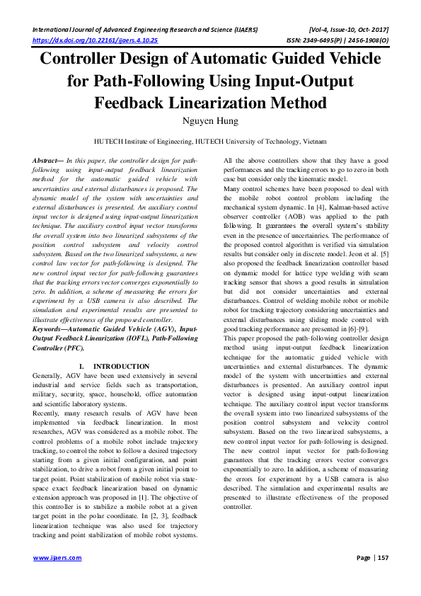 Pdf Controller Design Of Automatic Guided Vehicle For Path Following Using Input Output
