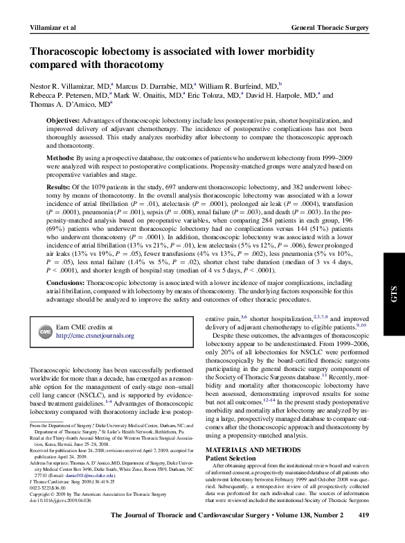 Pdf Thoracoscopic Vs Thoracotomy Lobectomy Morbidity Analysis
