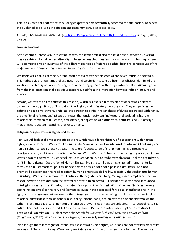 (PDF) Religious Perspectives on Bioethics and Human Rights. Lessons Learned