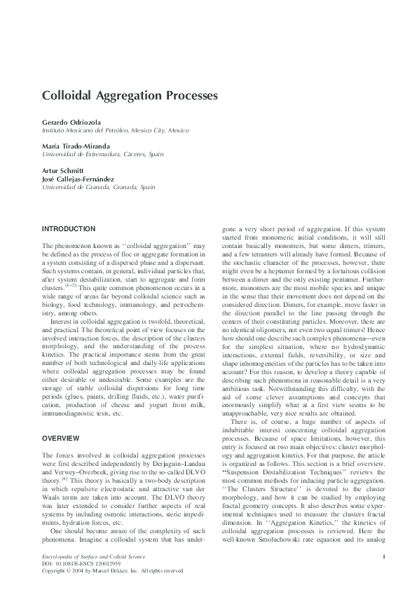 (PDF) Dynamics of Colloidal Aggregation Processes