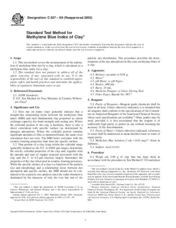 (PDF) Standard Test Method for Methylene Blue Index of Clay 1