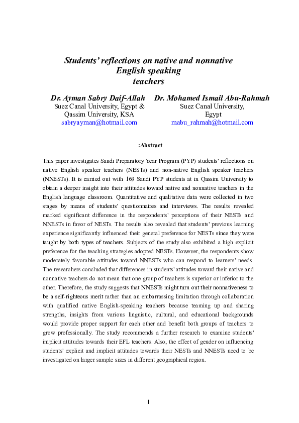 (DOC) Students' reflections on native and nonnative English speaking ...