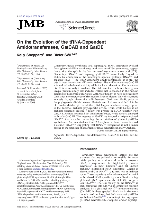 (PDF) On the Evolution of the tRNA-Dependent Amidotransferases, GatCAB ...