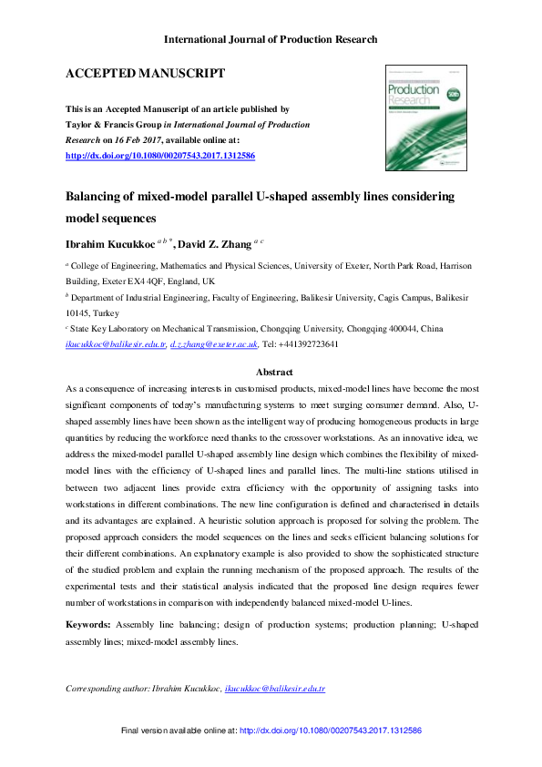 Pdf Balancing Of Mixed Model Parallel U Shaped Assembly Lines Considering Model Sequences