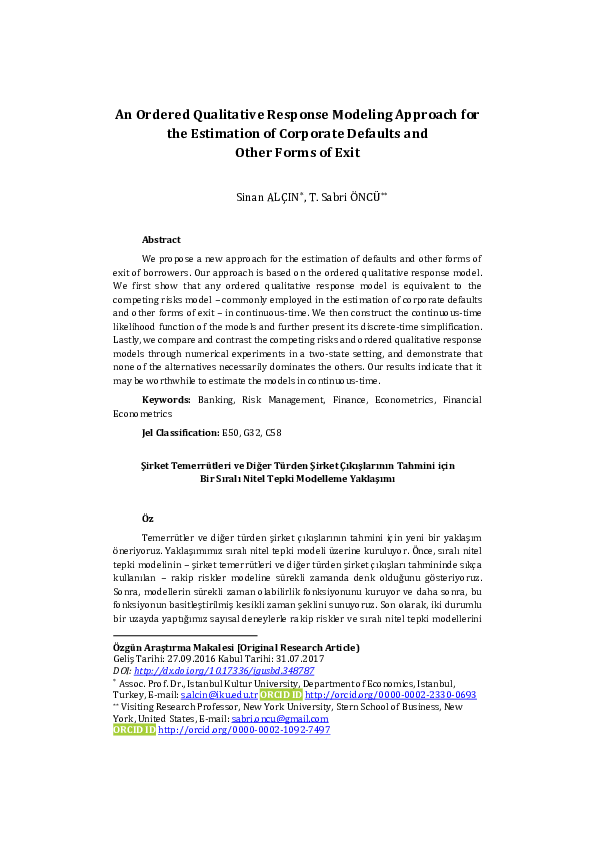 (PDF) An Ordered Qualitative Response Modeling Approach for the Estimation of Corporate Defaults ...