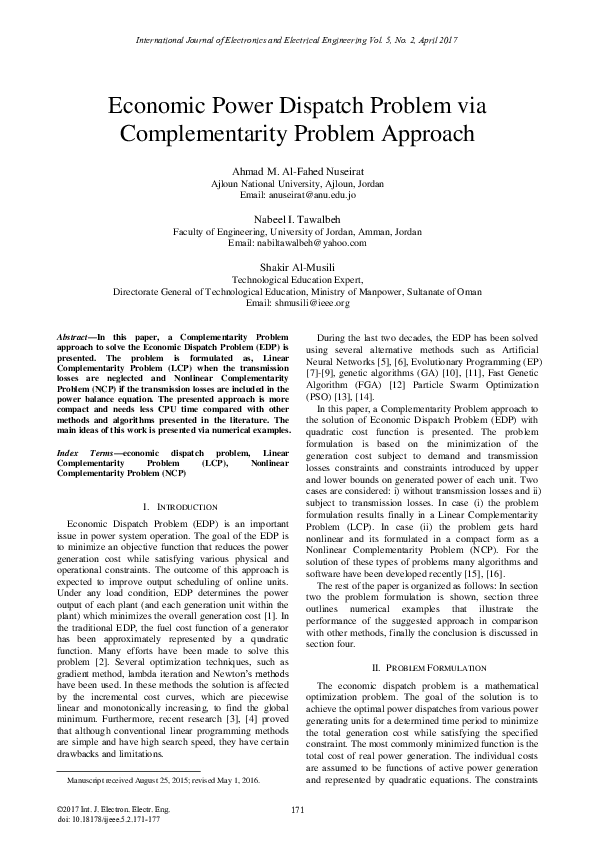 (PDF) Economic Power Dispatch Problem via Complementarity Problem Approach