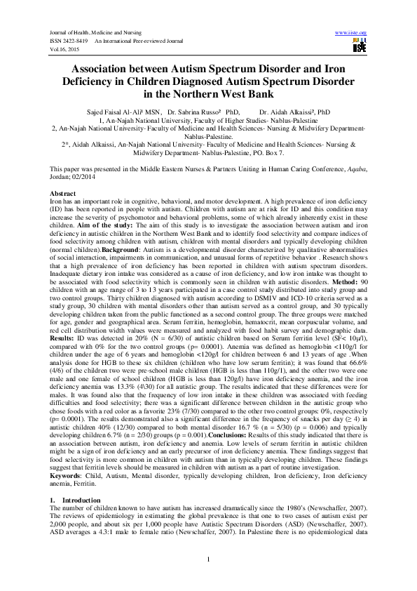 (PDF) Association between Autism Spectrum Disorder and Iron Deficiency ...