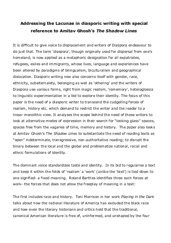 (DOC) Addressing the Lacunae in diasporic writing with special ...