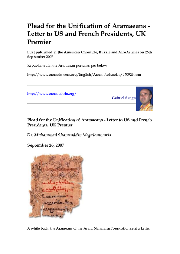 (DOC) Plead for the Unification of Aramaeans - Letter to US and French ...
