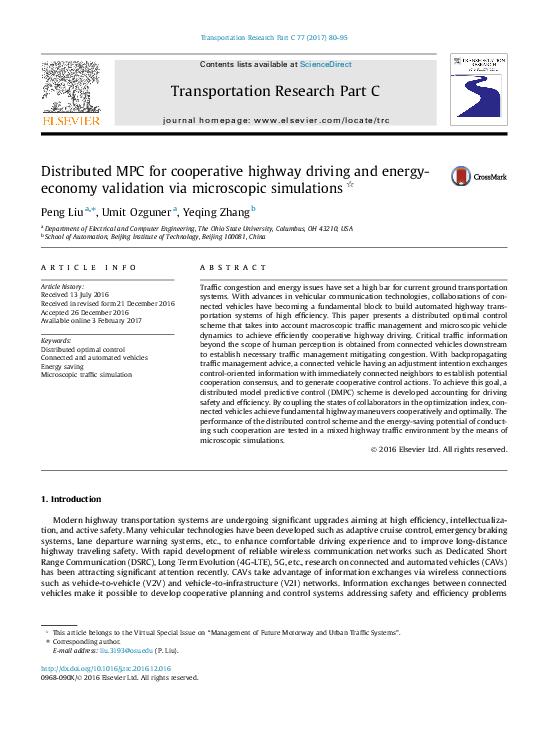 (PDF) Distributed MPC for cooperative highway driving and energy- economy validation via ...