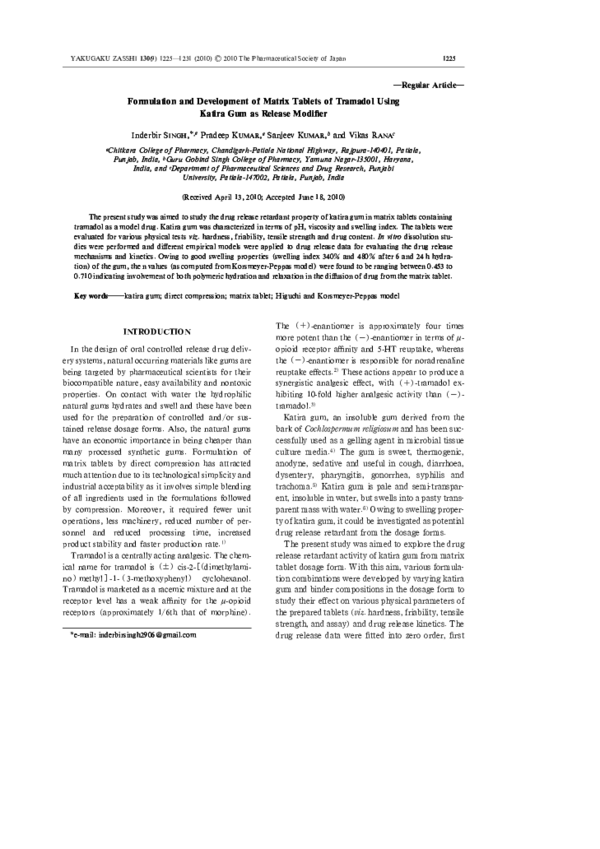 Pdf Formulation And Development Of Matrix Tablets Of Tramadol Using Katira Gum As Release Modifier