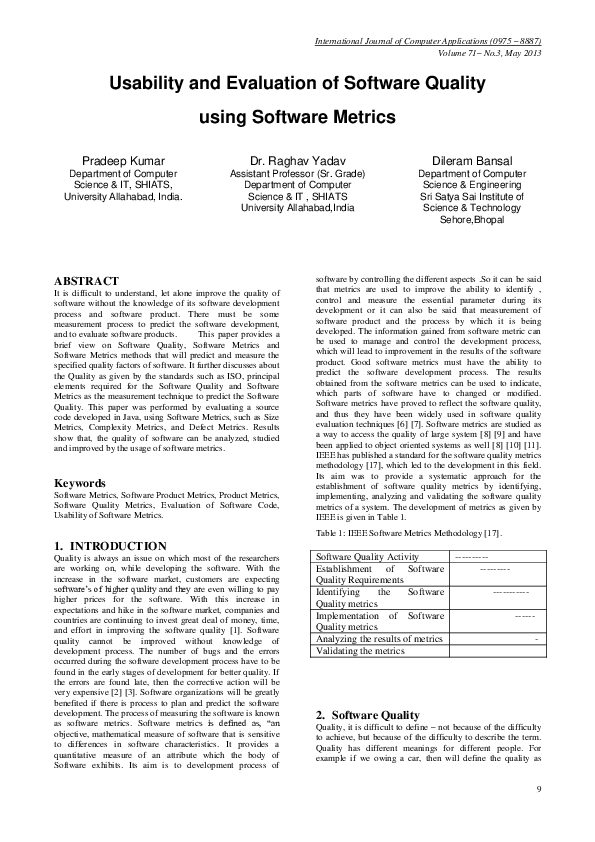 (PDF) Usability and Evaluation of Software Quality using Software Metrics