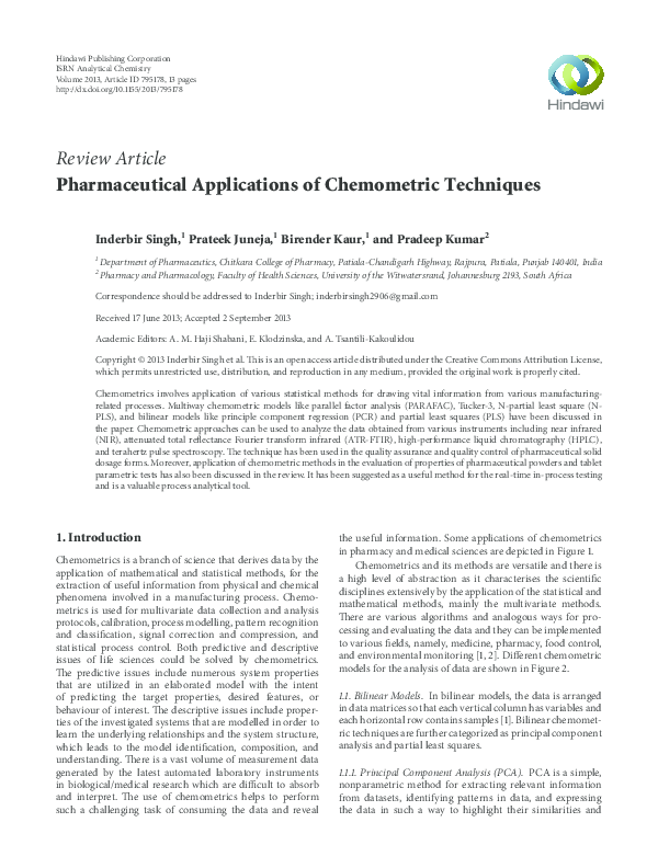 (PDF) Pharmaceutical Applications of Chemometric Techniques