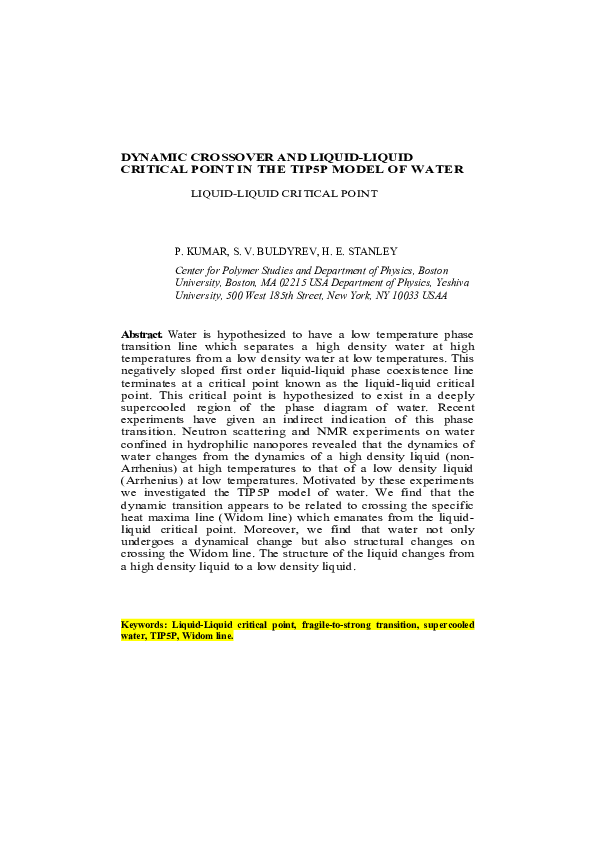 (PDF) Dynamic crossover and liquid-liquid critical point in the TIP5P ...