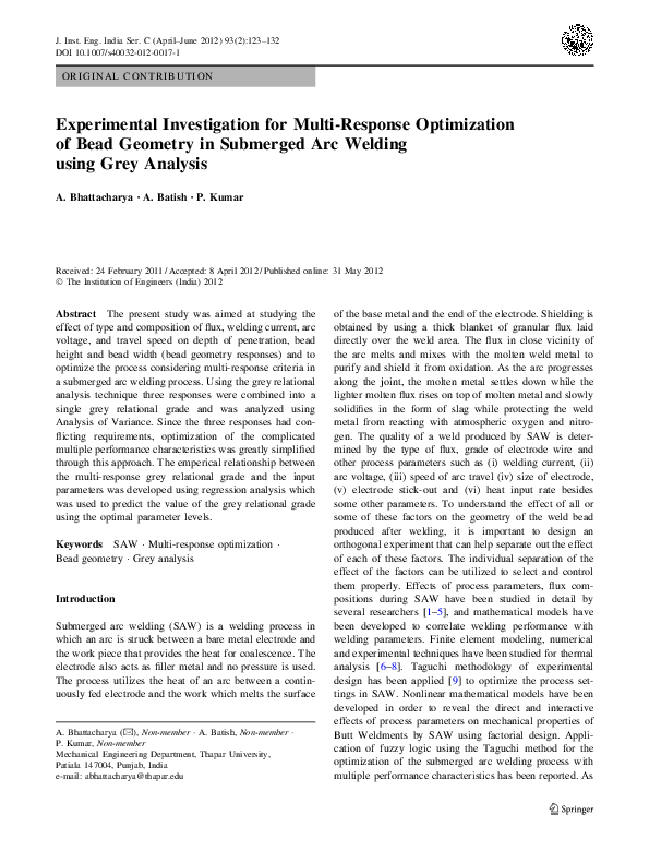 (PDF) Experimental Investigation for Multi-Response Optimization of Bead Geometry in Submerged ...