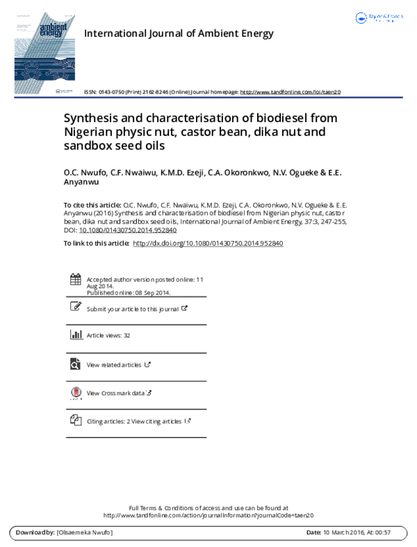 (PDF) Synthesis and characterisation of biodiesel from Nigerian physic ...