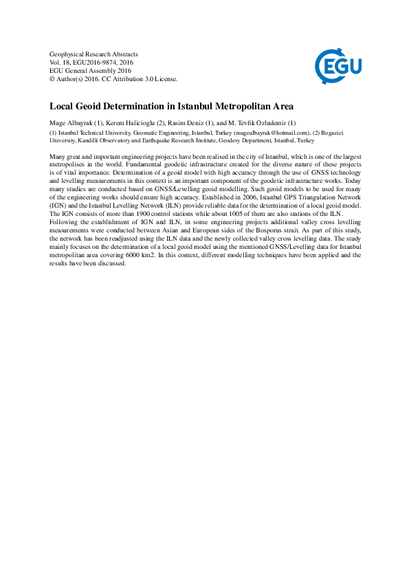 (PDF) Local Geoid Determination in Istanbul Metropolitan Area
