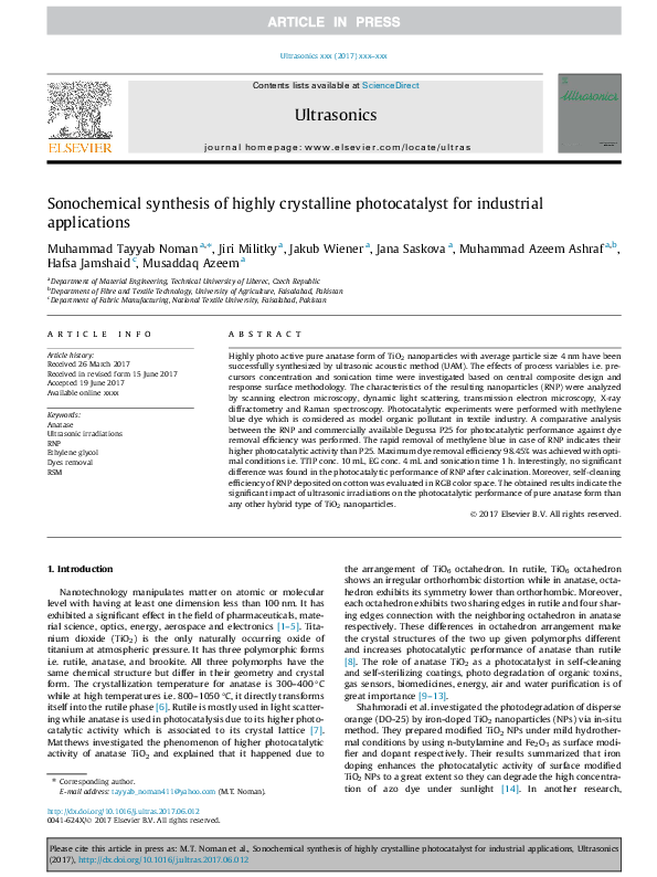 (PDF) Sonochemical synthesis of highly crystalline photocatalyst for ...