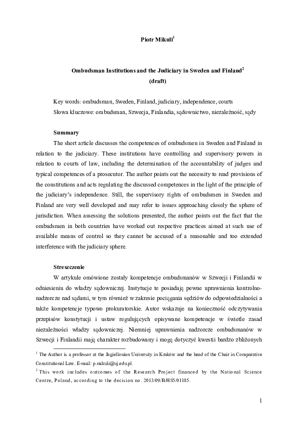 (PDF) Ombudsman Institutions and the Judiciary in Sweden and Finland