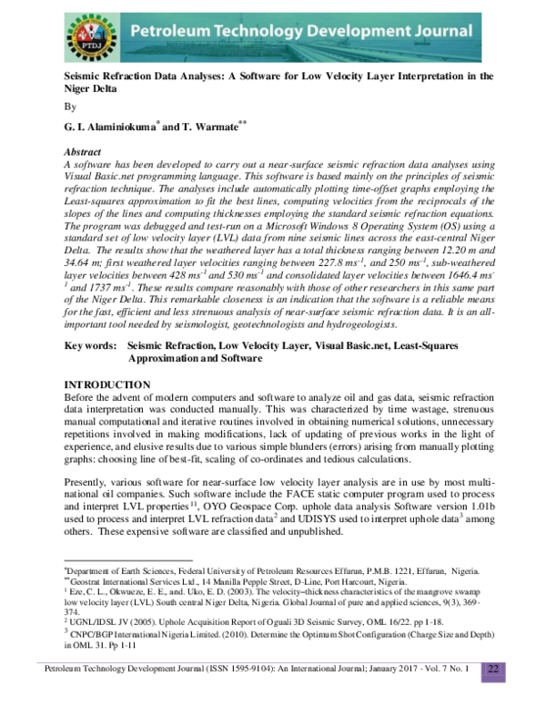 (PDF) Seismic Refraction Data Analyses: A Software for Low Velocity Layer Interpretation in the ...