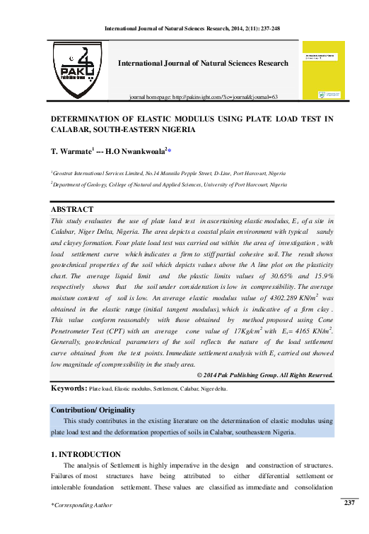 (PDF) DETERMINATION OF ELASTIC MODULUS USING PLATE LOAD TEST IN CALABAR ...