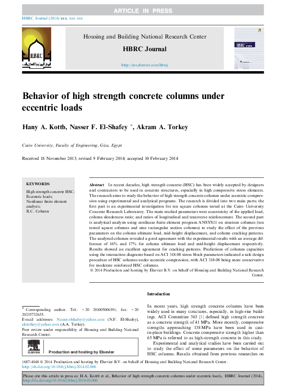(PDF) Behavior of high strength concrete columns under eccentric loads
