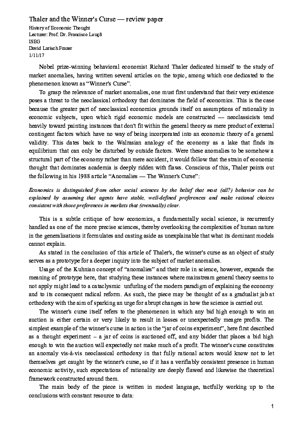 (PDF) "Anomalies – The Winner's Curse": review paper of Richard Thaler's article