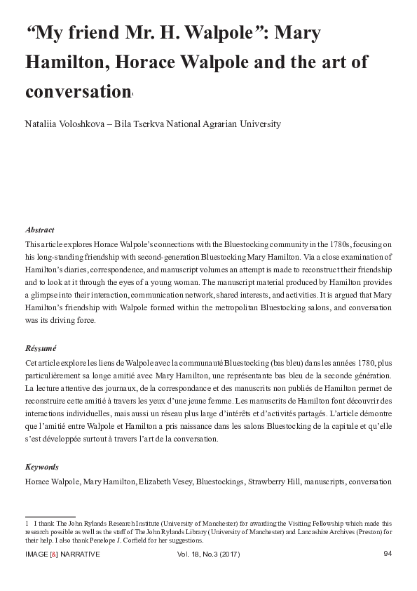 (PDF) "My friend Mr. H. Walpole": Mary Hamilton, Horace Walpole and the ...