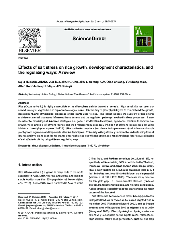 (PDF) ScienceDirect Effects of salt stress on rice growth, development ...