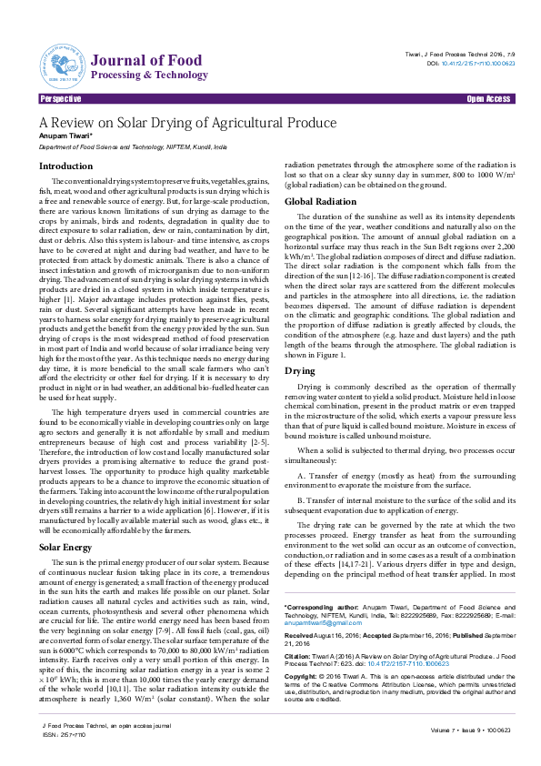 (PDF) Journal of Food Processing & Technology A Review on Solar Drying ...
