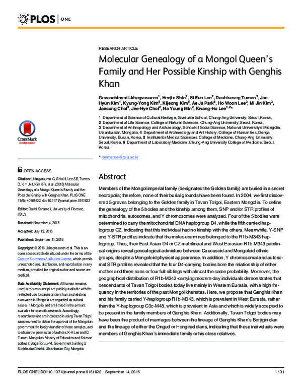 (PDF) Molecular Genealogy of a Mongol Queen's Family and Her Possible ...