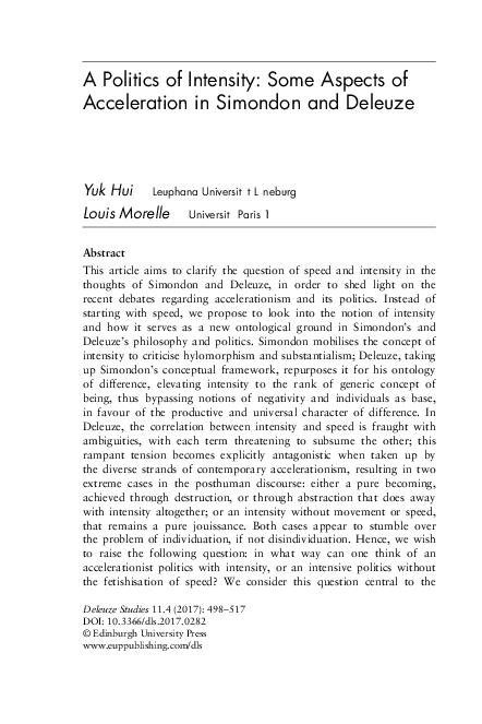 (PDF) A Politics of Intensity: Some Aspects of Acceleration in Simondon ...