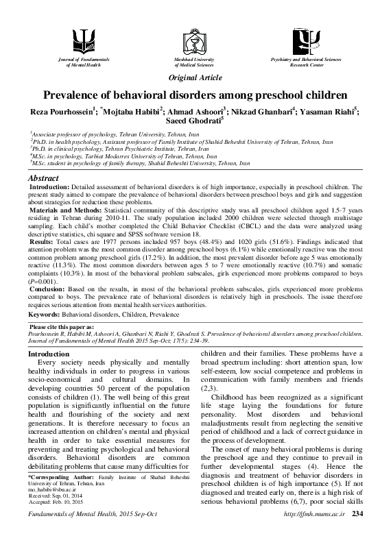 (PDF) Prevalence of behavioral disorders among preschool children