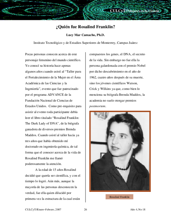 (PDF) CULCyT//Mujeres en la Ciencia ¿Quién fue Rosalind Franklin