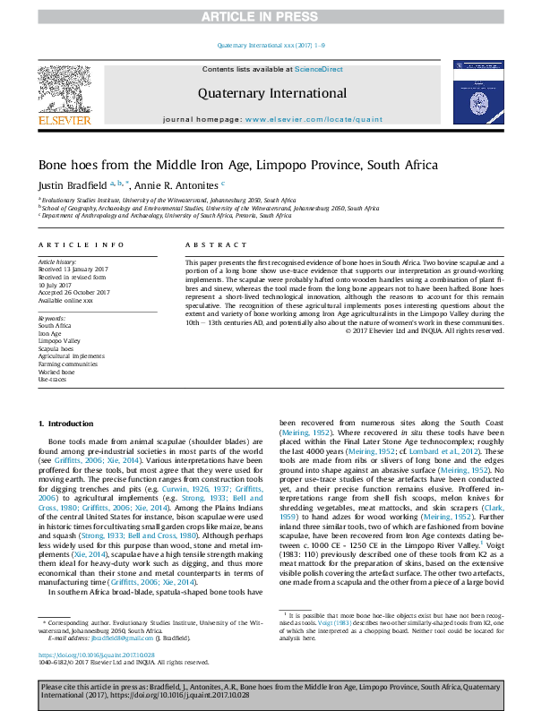 (PDF) Bone hoes from the Middle Iron Age, Limpopo Province, South Africa